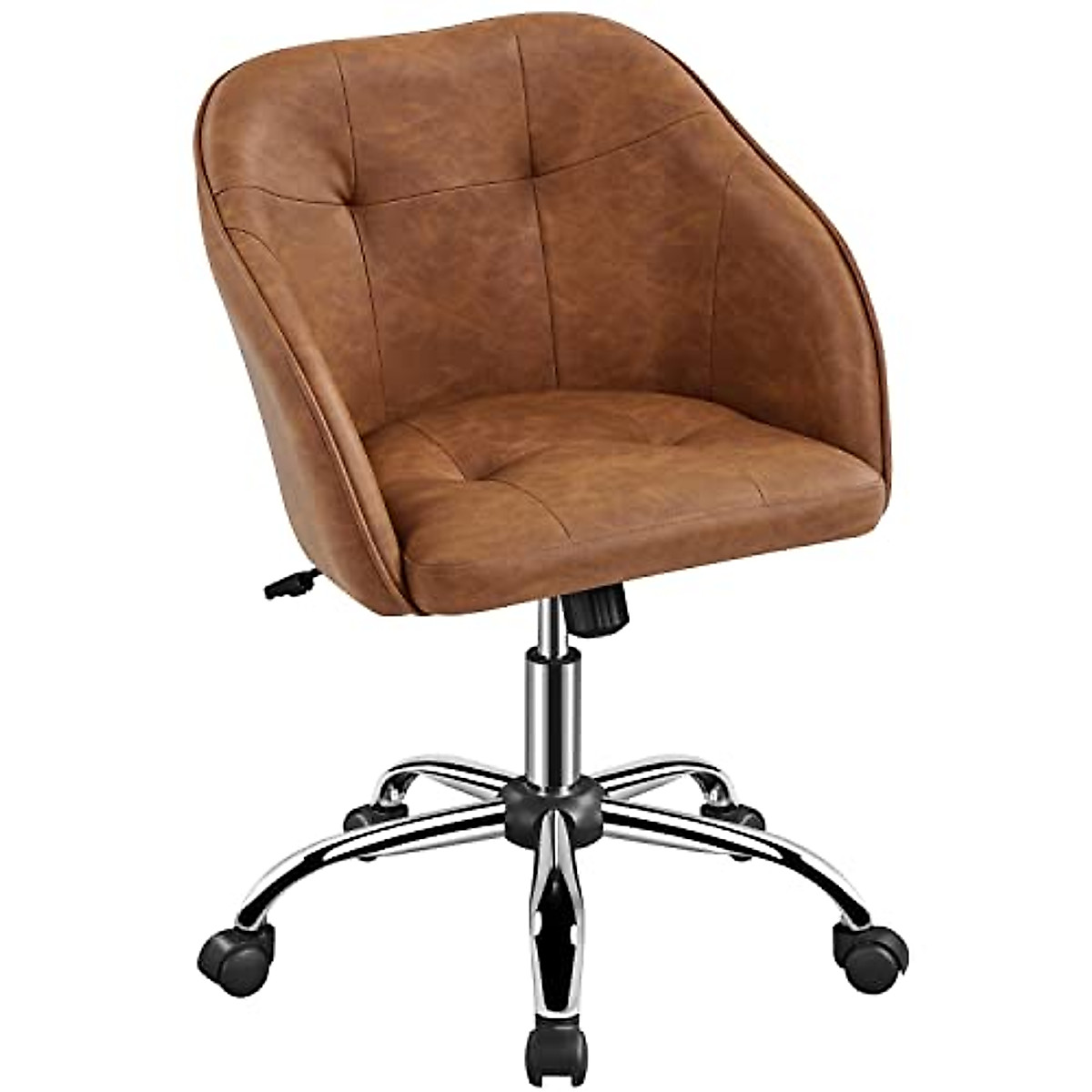 Yaheetech Faux Leather Desk Chair, Makeup Vanity Chair with Adjustable Tilt Angle, Swivel Office Chair Upholstered Armchair Study Chair for Bedroom and Makeup Room Retro Brown