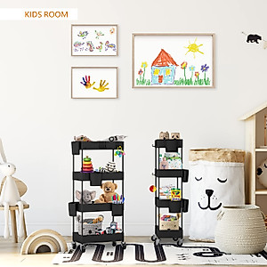 CAXXA 4-Tier Rolling Storage Organizer with 4 Small Baskets - Mobile Utility Cart with Caster Wheels, Black