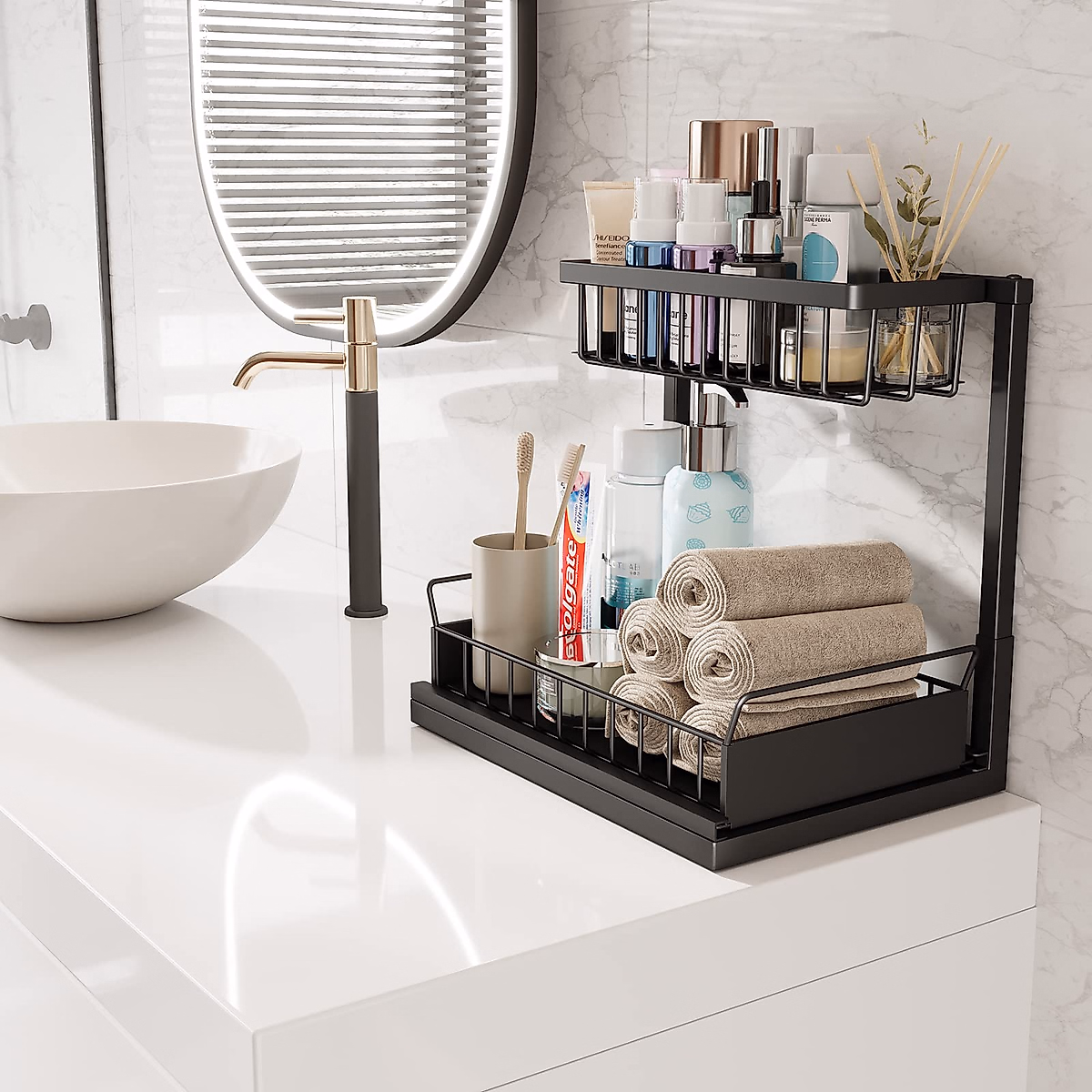 Floridy Under Sink Organizer, Pull Out Under Sink Organizers and Storage l Shaped, Under the Sink Organizer Bathroom Kitchen Cabinet Organizer Shelf and Storage