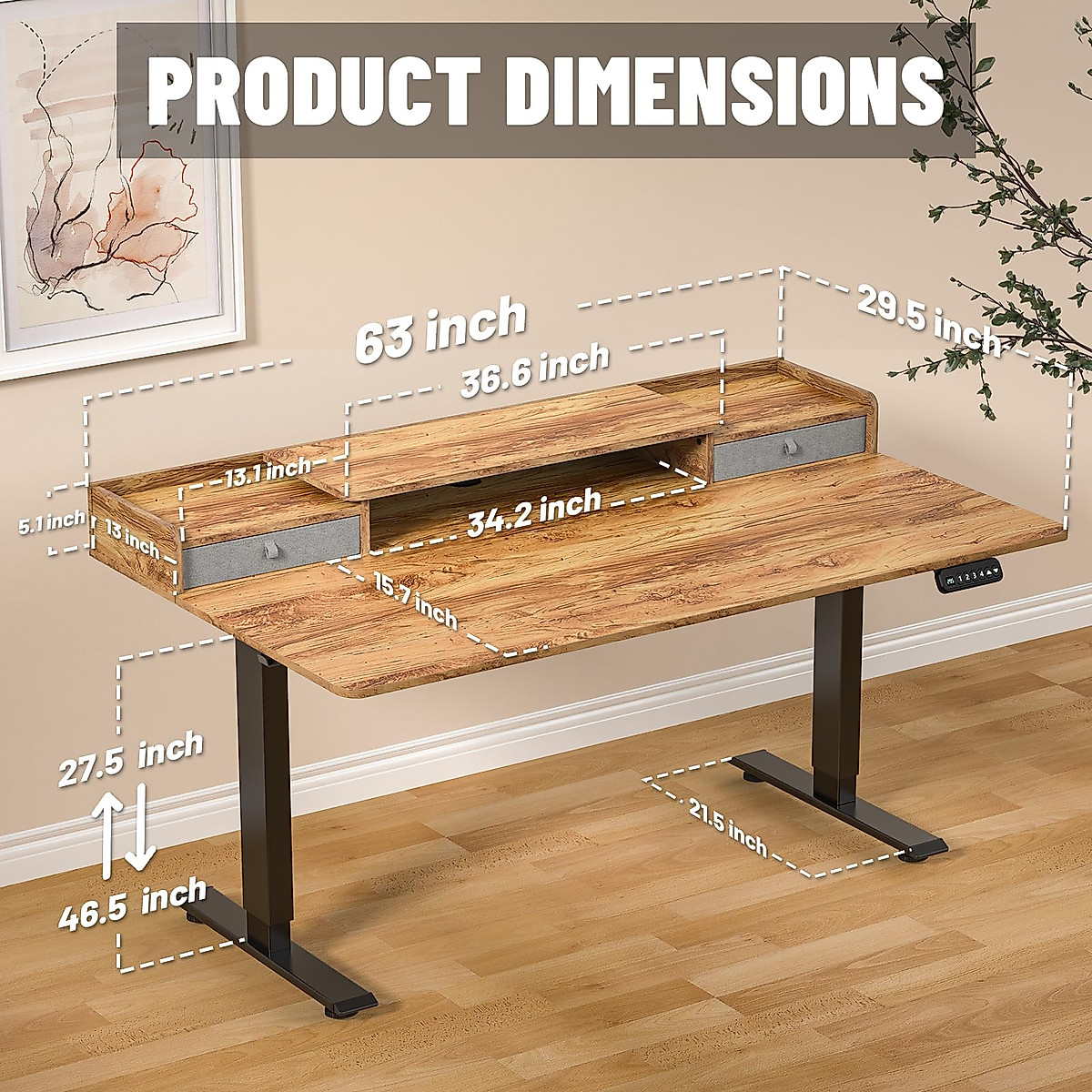 ExaDesk 63×30 Inch Electric Standing Desk with 2 Drawers, Adjustable Height Widened Stand Up Desk with Storage Shelf, Sit to Stand Ergonomic Workstation for Home Office