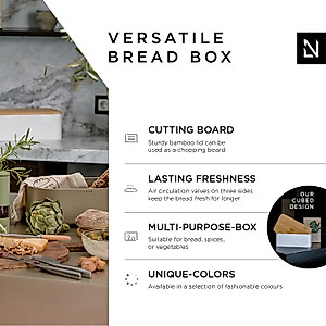 LARS NYSØM Bread Box I Metal bread box with linen bread bag for long lasting freshness I Bread box with bamboo lid usable as cutting board I 14.2x7.5x5.1 In (Greige)