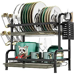 iSPECLE Dish Drying Rack for Kitchen Counter 2 Tier Dish Rack with Cup Holder, Dish Drainer with Drainboard and Utensil Holder Large Capacity for Small Kitchen Countertop Saving Space