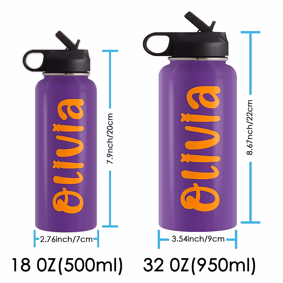 Personalized Kids Water Bottle for School, 18 oz Custom Name Insulated Water Bottles With Straw, Stainless Steel Reusable Waterbottle Gifts for Girls Boys Men Women - Color Clash