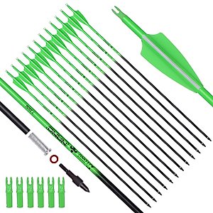 ELONG 12PCS 28" Arrows for Compound Bows,Carbon Hunting Arrows for Archery Spine 500 with 100 Grain Screw Tips, for Compound & Recurve & Traditional Bow(with 6 Extra Nocks) Green