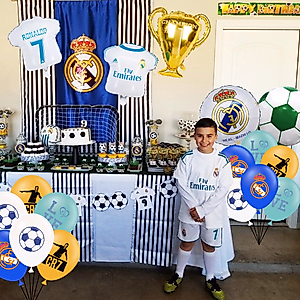 Soccer Theme Birthday Party Supplies Include 12pcs Latex Balloons, 5pcs Foil Balloons, Real Madrid CF Theme Balloons for Party Decorations, Cristiano Ronaldo Birthday Party Favors