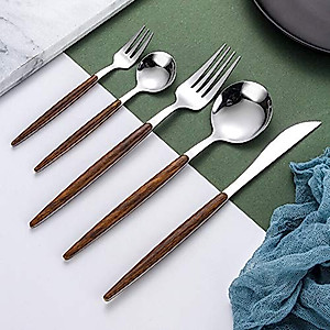 20-Piece Silverware Set with Faux Wooden Handle, Stainless Steel Flatware Set, Tableware Cutlery Set for 4 Including Forks Spoons Knives, Utensil Set for Home and Restaurant,Hand Wash Recommended