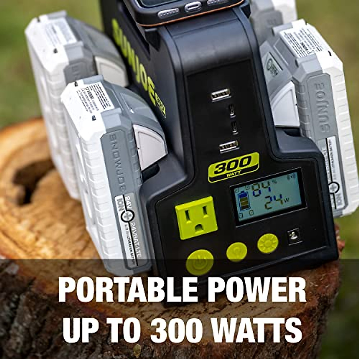 Sun Joe 24V-300WI 24-Volt iON+ Cordless Hot-Swap Powered Inverter Generator Power Station W/AC Adapter, 2.7-Amp AC Receptacle, 2X USB Type A &C, 3 Watt LED Spotlight
