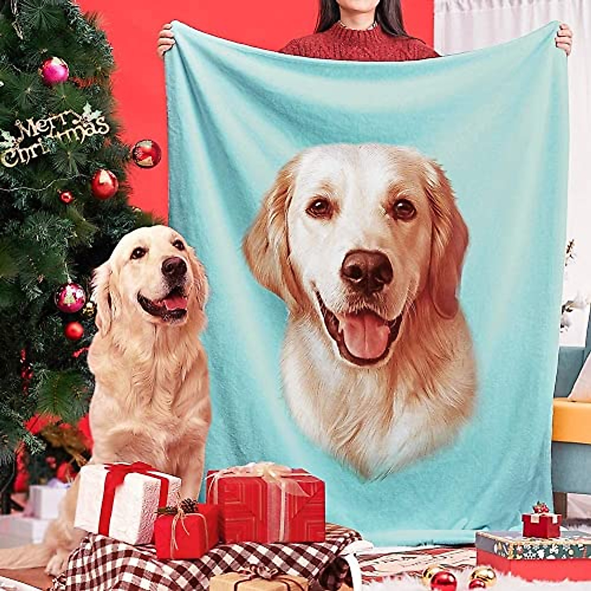 VEELU Personalized Dog Portrait Throw Blanket - Custom Blanket with Photo Text Name, Customized Flannel Fleece Blanket Picture Gift for Cat Pet Women Men Family Birthday