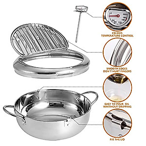 deep Fryer Pot,304 Stainless Steel with Temperature Control and Lid Japanese Style Tempura Fryer Pan Uncoated Fryer Diameter: 9.4"
