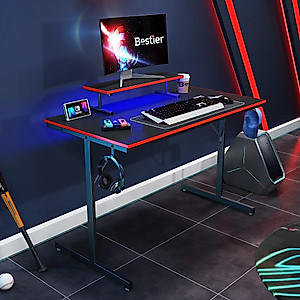 Bestier Gaming Desk with LED Lights 44" Small Computer Desk for Home Office Table with Cup Holder and 2 Headphone Hooks, Black