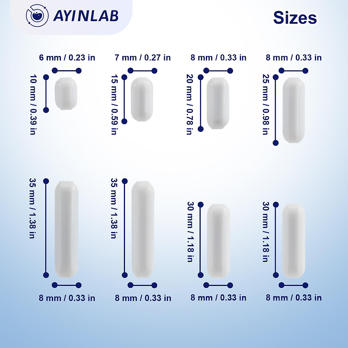 AyinLab PTFE Magnetic Stir Bar, Magnetic Stirring Rod, 8pcs Magnetic Stir Bar Set, 10mm/15mm/20mm/25mm/30mm/35mm, Magnetic Mixing Bars for Magnetic Stirrer, Auto Magnetic Mixers and Lab Stirrers