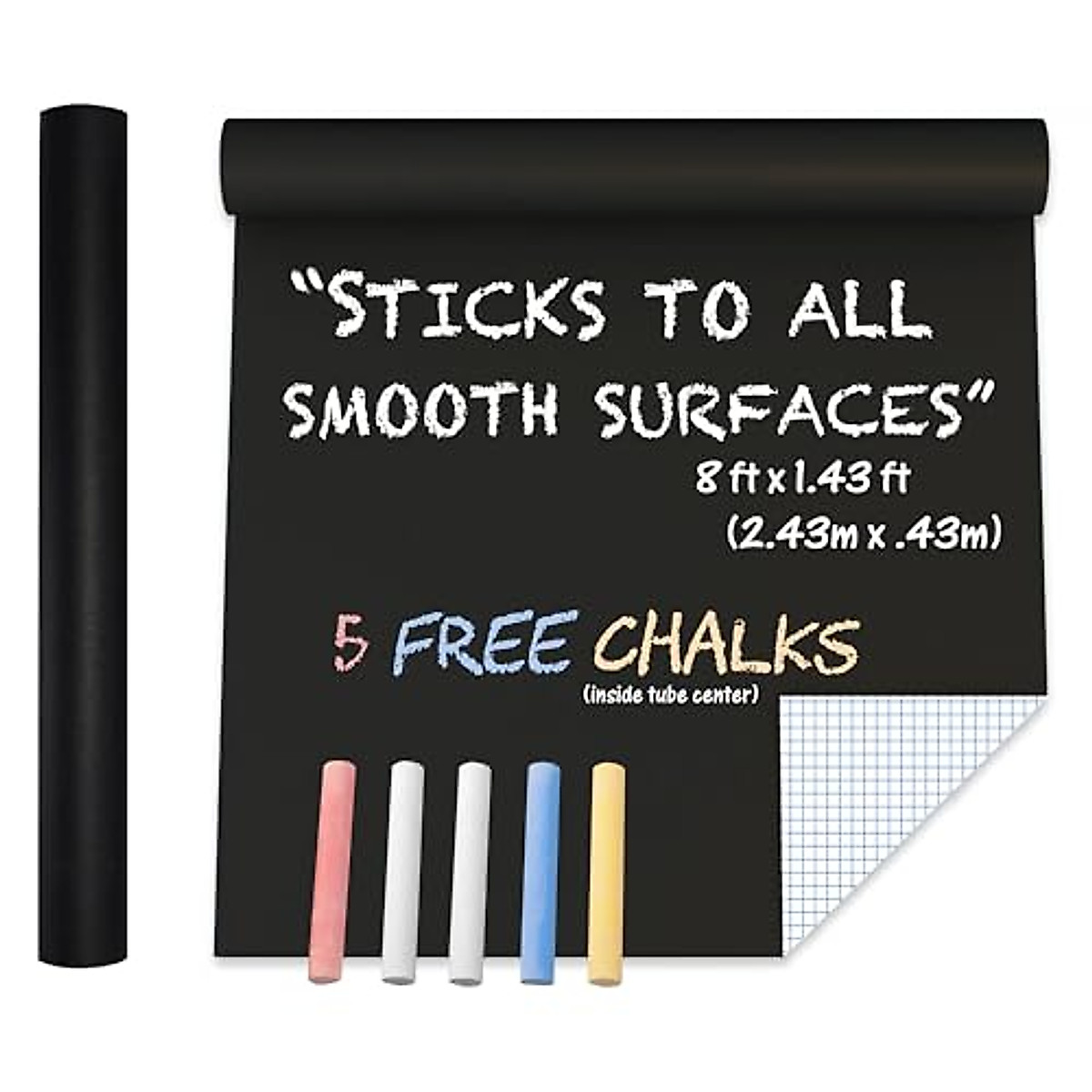Artbits Large Chalkboard Adhesive Paper Roll (8 FEET) 5 Chalks Included - Peel & Stick Chalkboard Wallpaper for Walls, Tables, Schools, and Classrooms - Alternative to Blackboard Paint