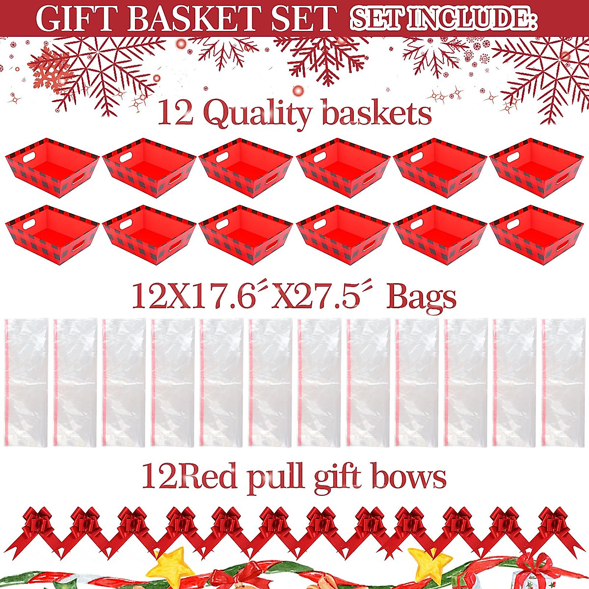 Kolewo4ever 36Pcs 12 Pack Christmas Basket Gift Set 8x10'' Gifts Baskets for Gifts Empty to Fill with Basket Empty, Basket Bags, Red Pull Bows for Christmas Holiday (Red and Black Plaid)