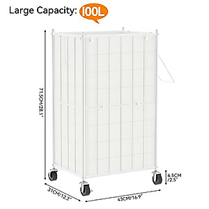 WOWLIVE Laundry Hamper with Wheels,Metal Wire Frame Rolling Laundry Basket with Removable bag,100L Dirty Clothes Hamper Organizer Dorm Room Storage for Bedroom,Bathroom,White