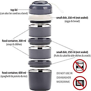 Cute Bento Stackable Lunch Box with Flatware Set Stainless Steel Lunch Containers Leakproof Food Container Insulated Lunch Bag for Adults Women Men (Gray, 3-Tier)