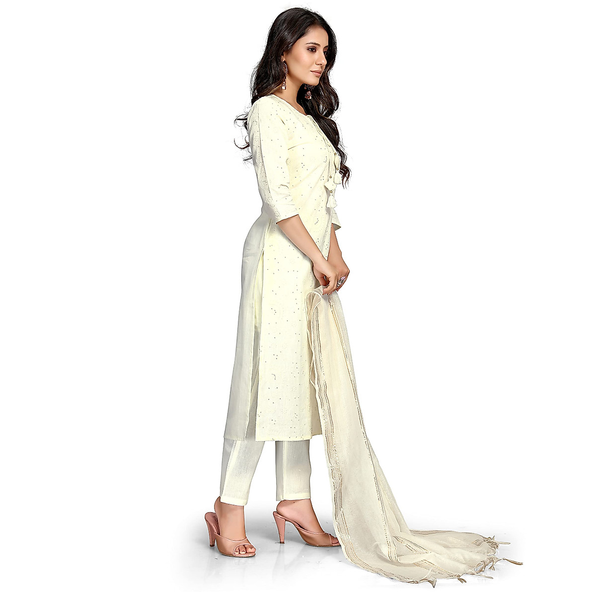 Rajnandini Women's Pure Cambric Cotton Embroidered Kurta Set With Dupatta (JOPLVL214-XXL_Off-White_XXL)