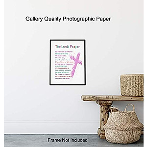 Lords Prayer Bible Verse Wall Art - Religious Scripture Girls Bedroom Decor - Christian Daughter Gifts for Toddler, Baby Girls Room - Blessed Church Sunday School Kids Decorations - Pink Cross Poster