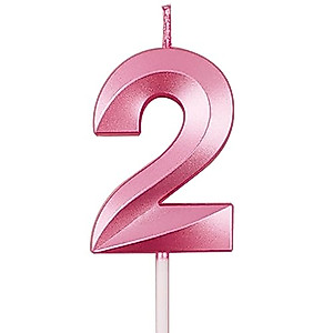 Number 2 Birthday Cake Candles, 3D Shape Number Birthday Candle, 2nd Birthday Cake Topper Decorations (Pink)