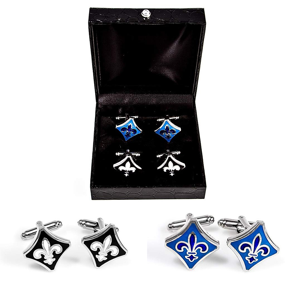 MRCUFF Fleur-de-lys Fleur De Lis Black & Blue 2 Pairs Cufflinks in Presentation Gift Box Polishing Cloth