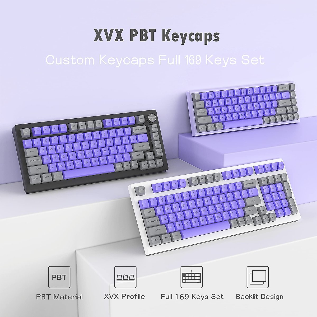 XVX PBT Keycaps, Shine Through Keycaps, XVX Profile 165 Keys Keyboard Keycaps, Double Shot Custom Keycaps for 61/64/68/84/87/100/104/108 for Cherry MX Mechanical Keyboard, Purple