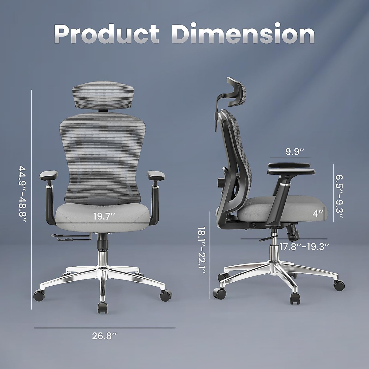 Farini Office Chair Ergonomic Desk Chair, High Back Office Chair with Wheels, Home Office Chair for Heavy People, Office Chair Adjustable Seat Depth, 3D Armrests and Adjustable Headrest, Gray