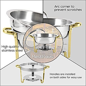 Restlrious Chafing Dish Buffet Set 3 Pack Stainless Steel Round Chafers and Buffet Warmers Set with Glass Lid in Gold Accents, 5QT Complete Set for Buffet Catering w/Water and Food Pan, Fuel Holder