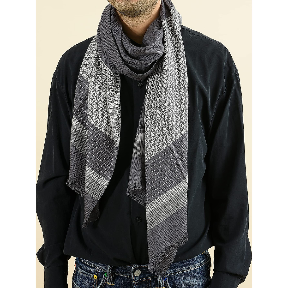 Runtlly Men's Winter Cashmere Scarf Stripes Warm Soft Scarves with Tassel Luxurious Winter Scarf For Men Women(Gary)