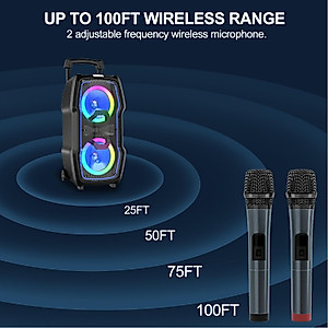 VeGue Karaoke Machine, Wireless Bluetooth PA System for Adults & Kids with Dual 8'' Subwoofers, 2 UHF Wireless Mics, Colorful LED Lights, Ideal for Home Karaoke, Party, Stage Performance (VS-0808)