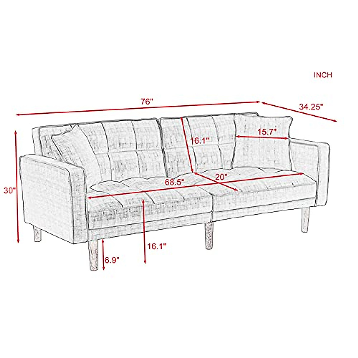 Modern Futon Sofa Bed, 75" Convertible Sleeper Sofa with Armrests and Guests w/ 2 Pillows, Recliner Couch with 5 Solid Wooden Legs, Twin Size Sofa for Living Room (Navy Blue+Fabric)