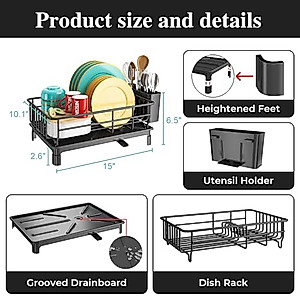 Famhap Small Dish Drying Rack, Dish Rack with Drainboard Dish Drainers for Kitchen Counter Sink Adjustable Spout, in Sink Dish Strainers with Utensil Holder and Knife Slots, Black