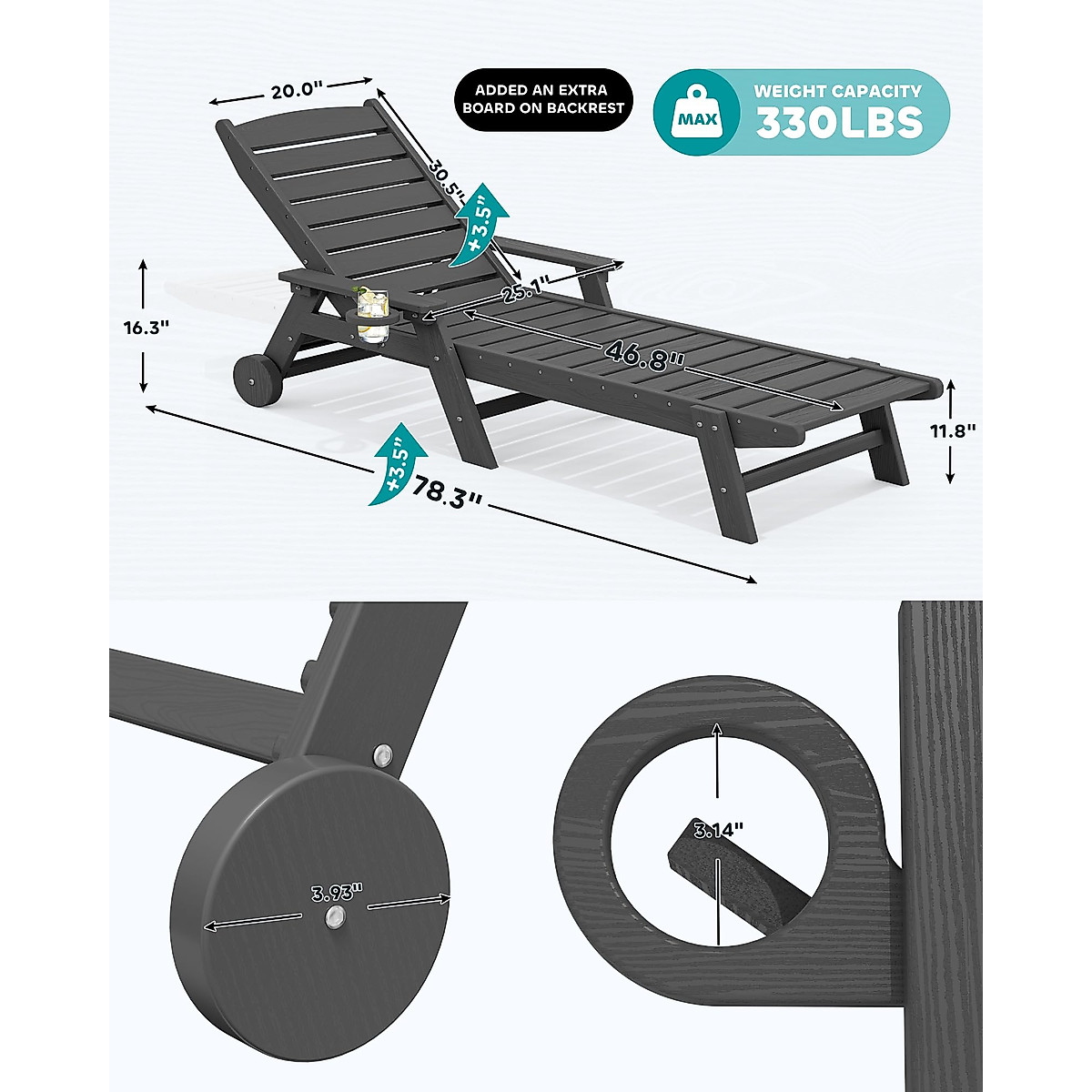 SERWALL Patio Chaise Lounge Chair Set of 2, 5 Positions Adjustable HDPE Outdoor Lounge Chair for Pool, Poly Lounge Chair with Rolling Wheels & Cup Holder for Poolside, Deck, Slate Gray