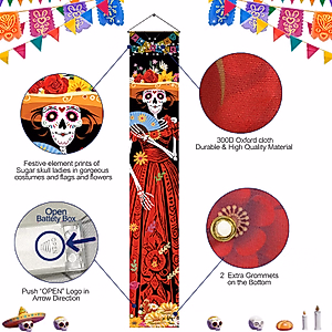 Aovaely LED Day of The Dead Sign Banners Decorations, Light Up Sugar Skull Dia De Los Muertos Altar Decorations for Halloween Day of The Dead Party Outdoor Indoor Home Decor Supplies 71x12 Inches