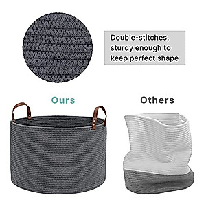Large Baskets for Storage Cotton Rope Basket Laundry Basket Hamper- Hombins Woven Toy Bin Blanket Holder XXL Grey Collapsible Laundry Basket with Leather Handle, 20"X20"X13"