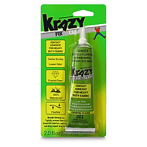 Krazy Fix Clear Fabric Glue, Washable, 100% Waterproof Permanent Bond Glue for Fabric, Heavy Duty Adhesive for Clothing, Patches, Canvas and More, 2.0 fl. oz. Tube