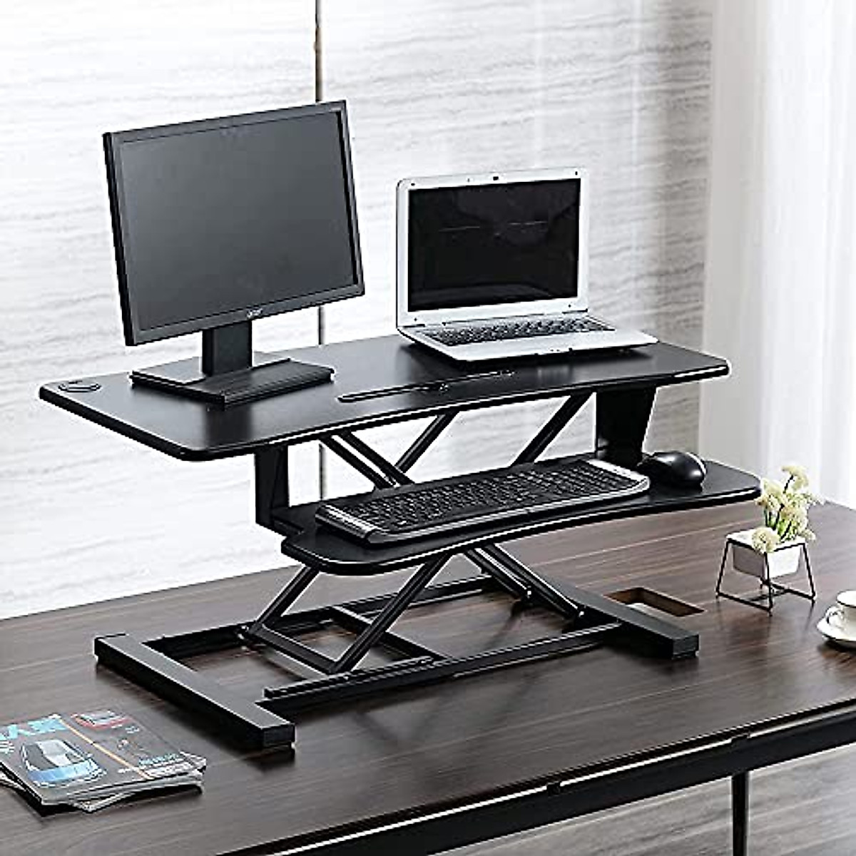 Legend Vansen, 32 Inch Adjustable Height Standing Desk Converter 36 Inch Wide Laptop Riser or Dual Monitor Workstation, Black