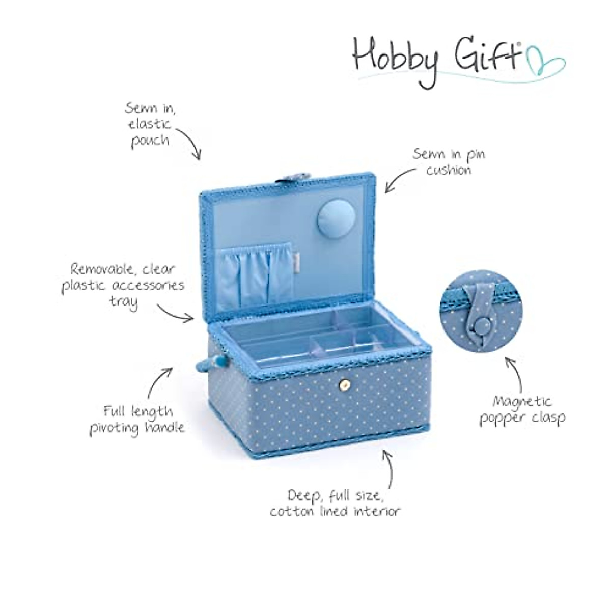 Hobby Gift 'Cornflower Polka Dot' Medium Rectangle Sewing Box 18.5 x 26 x 15cm (d/w/h)