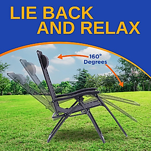 SereneLife SLZGHTBGY32.5 Outdoor Adjustable Zero Gravity Lounge Chair Recliners with Table and Padded Headrest Pillows, 2 Pack, Deep Gray