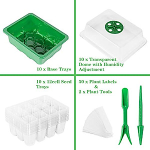 AQUEENLY Seed Starter Tray 10Pack Seed Trays with Humidity Adjustment Domes and Base Growing Trays, Germination Tray Kit with 120Cell Tray for Seedling, Seed Starting, Seed Growing (12Cells per Tray)