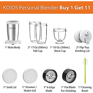 KOIOS PRO 850W Bullet Personal Blender for Shakes and Smoothies, Protein Drinks, 11 Pieces Set Blender for Kitchen Baby Food with Ultra Smooth 6-Edge Blade, Coffee Grinder for Beans, Nuts, Spices, 2x17 Oz + 10 Oz Large & Small To-Go Cups, 2 Spout Drinking