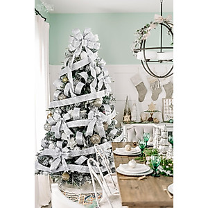 AIMUDI White Christmas Velvet Ribbon Wired 2.5 Inch Silver Glitter Snowflake Wired Ribbon for Wreaths White Ribbon for Christmas Tree, Gift Wrapping, Garland, Holiday Crafts, Topper Bows - 10 Yards