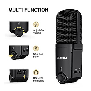 ZINGYOU USB Microphone for Computer, Condenser Desktop Mic Plug & Play with Mic Gain, Mute Button and Headphone Port for PC Recording, Gaming, Streaming, YouTube, Twitch, Voice Over, ZY-UD2 (Black)