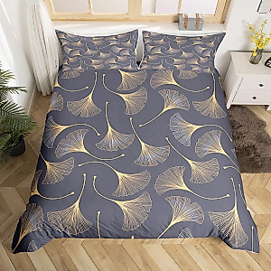Ginkgo Leaf Duvet Cover Set King Size,Rustic Leaves Autumn Plant Comforter Cover with 2 Pillowcases Bedspread,Nature Botanical Grey Golden Microfiber Quilt Cover for Adult Women,3 Pcs