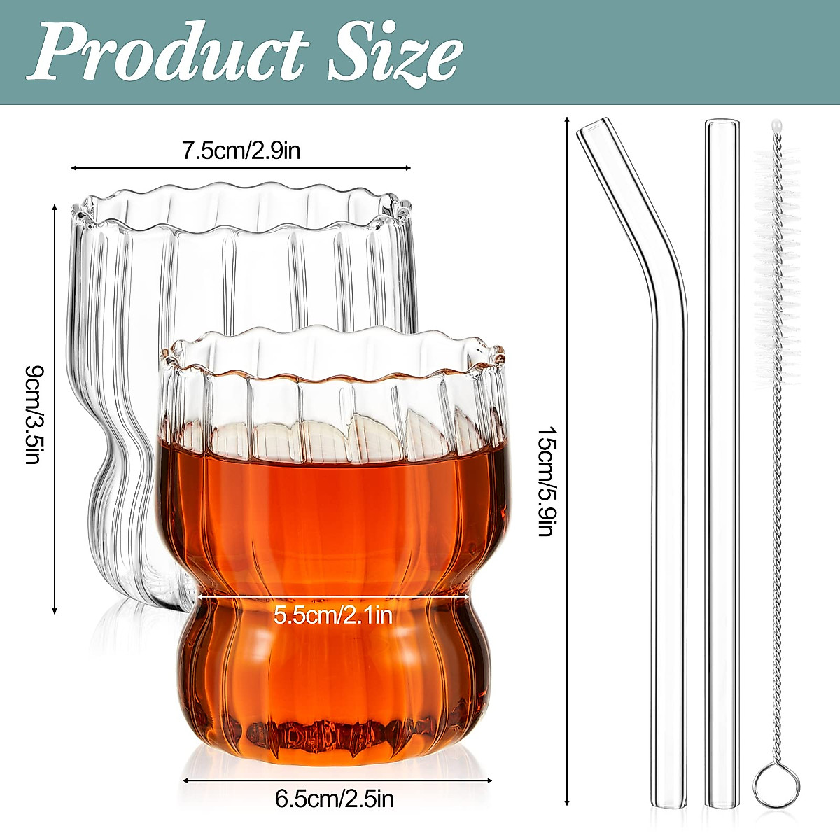 4 Pieces Ripple Drinking Glasses Set 8.8 oz Ribbed Glassware Glass Cups Vintage Fluted Glassware Ribbed Coupe Glass Origami Style Glass Cup Coffee Mug for Cocktail, 4 Glass Straws and Straw Brush