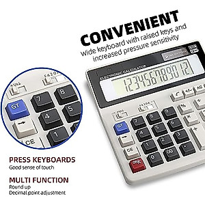 Calculator, Calculators Large Display and Buttons, Solar Battery Dual Power, Big Button 12 Digit Large LCD Display (White)