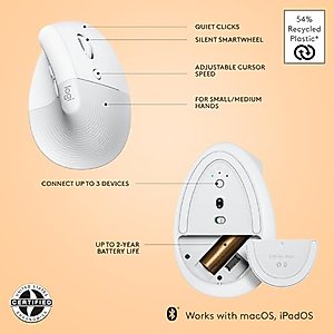 Logitech Lift for Mac Wireless Vertical Ergonomic Mouse, Bluetooth, Quiet Clicks, Silent Smartwheel, 4 Customizable Buttons, for macOS/iPadOS/MacBook Pro/Macbook Air/iMac/iPad - Off White
