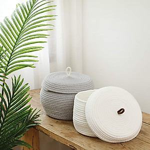 Sea Team Round Cotton Rope Storage Basket with Lid, Decorative Woven Storage Bin, Pot, Caddy, Organizer, Container for Snacks, Towels, Plants, 10 x 7.5 Inches (Small, Grey)