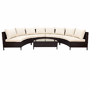 ele ELEOPTION Half-Moon Sofa Set 5 Pieces All-Weather Brown PE Rattan Wicker Sofa Set Outdoor Patio Sectional Furniture Set with Tempered Glass Table, Beige