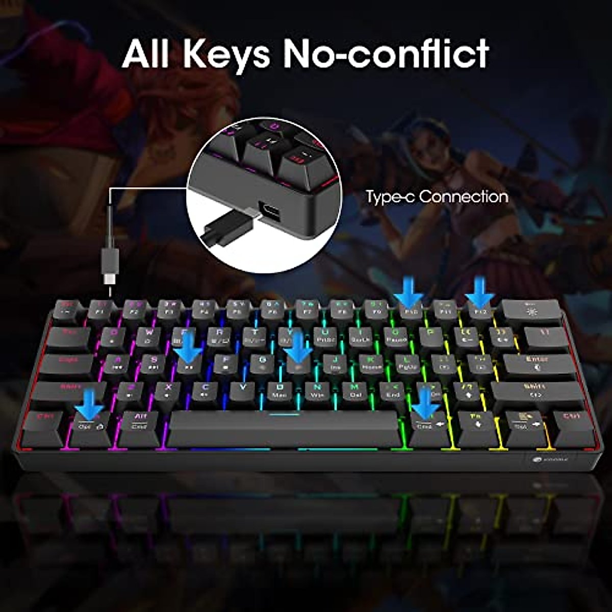 KOORUI 60% Gaming Keyboards, 61 Keys Wired Ultra-Compact Mechanical Keyboard 26 RGB Backlit with Red Switch Mini Keyboards for Windows MacOS Linux