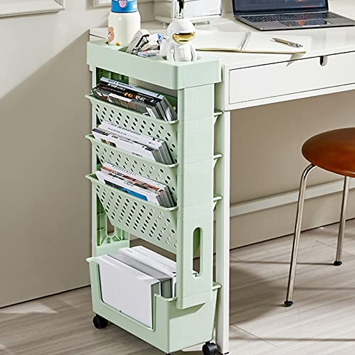 Mobile Bookshelf, Convenient Practical Multilayer Capacity Plastic Material Movable Bookshelf for Study (Green)