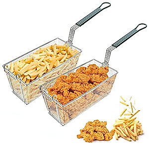 Delizon 2PCS Deep Fryer Basket with Front Hooks Non-Slip Handle, 13.2"x 6.5"x 5.9" Basket and 11.2" Long Handle Deep Fried Drain Basket for Floor Fryer, Easy Installation